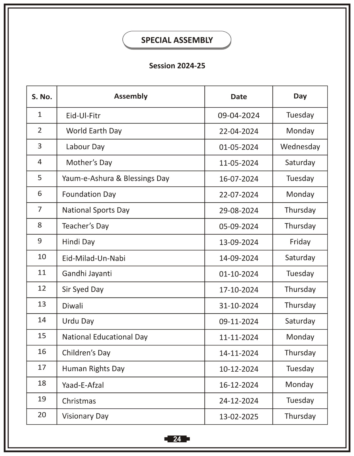 SPECIAL ASSEMBLY SCHEDULE | Al-Barkaat